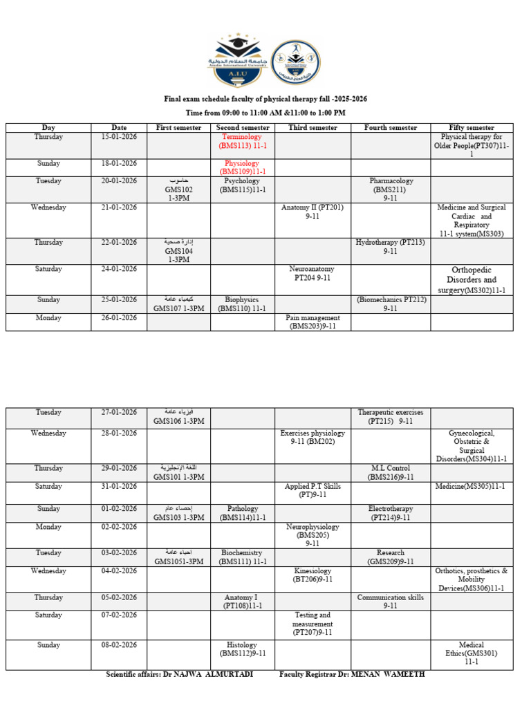 Fall 2026 Physical Therapy Exam Schedule | PDF | Physical Therapy ...