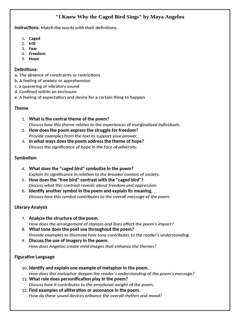 "Caged Bird Poem Analysis Guide" | PDF | Poetry