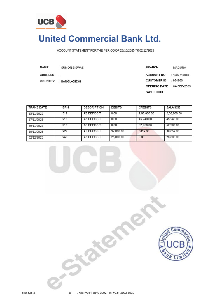 Ucb Bank Statement | PDF