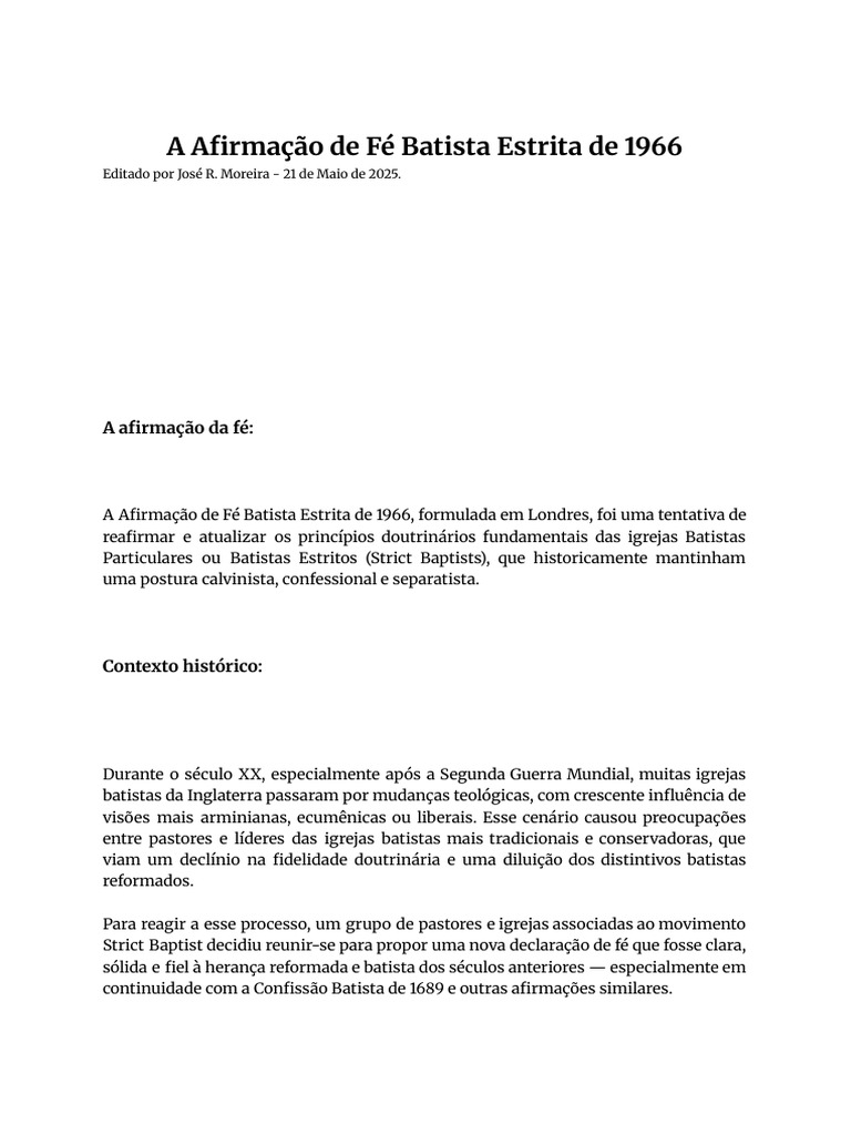 A Afirmação de Fé Batista Estrita de 1966 | PDF | Pecado | Eucaristia