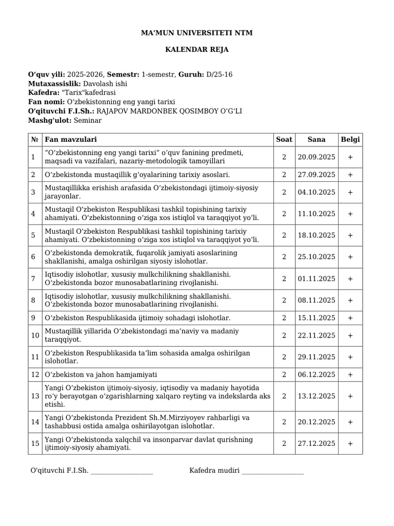 Calendar_plan-O‘Zbekistonning Eng Yangi Tarixi (4) | PDF