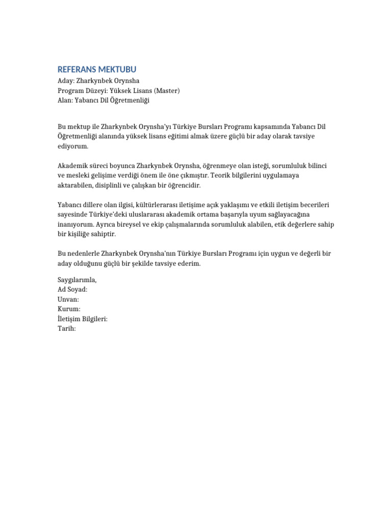 Turkiye Burslari Portal Format Turkce Zharkynbek Orynsha | PDF