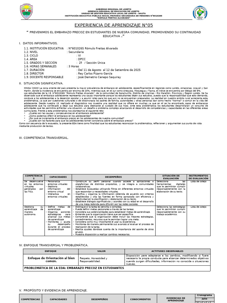EXPERIENCIA DE APRENDIZAJE 5- DPC - CICLO VI OK | PDF | Aprendizaje | Adolescencia