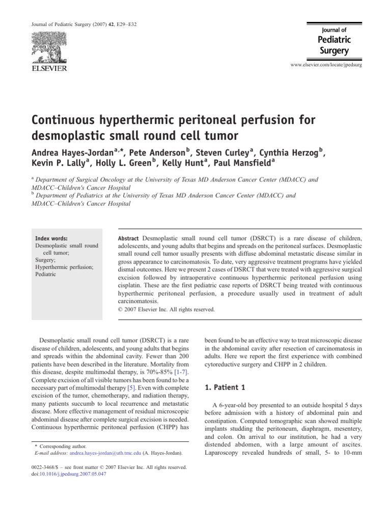 (Hayes-Jordan A) Continuous Hyperthermic Peritoneal Perfusion For ...