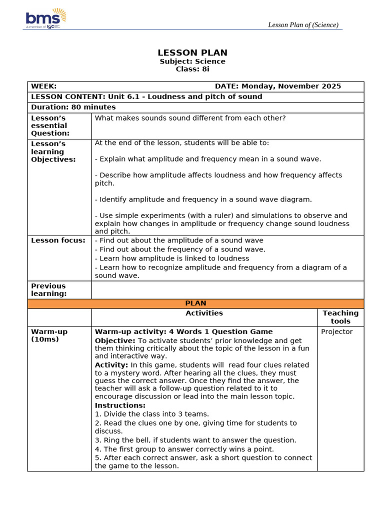 Lesson Plan - 8i - 6.1 Loudness and Pitch of Sound | PDF | Sound ...