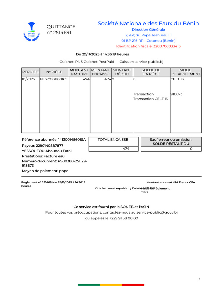 Quittance de paiement de 474 CFA | PDF