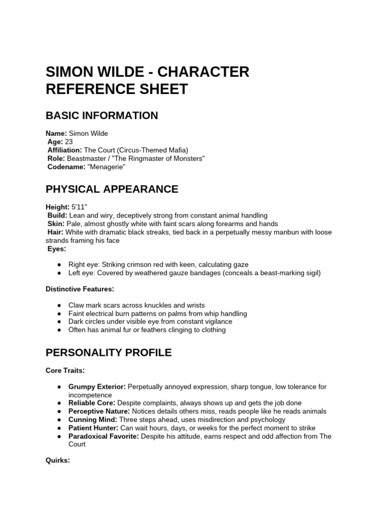 Simon Wilde - Character Reference Sheet | PDF