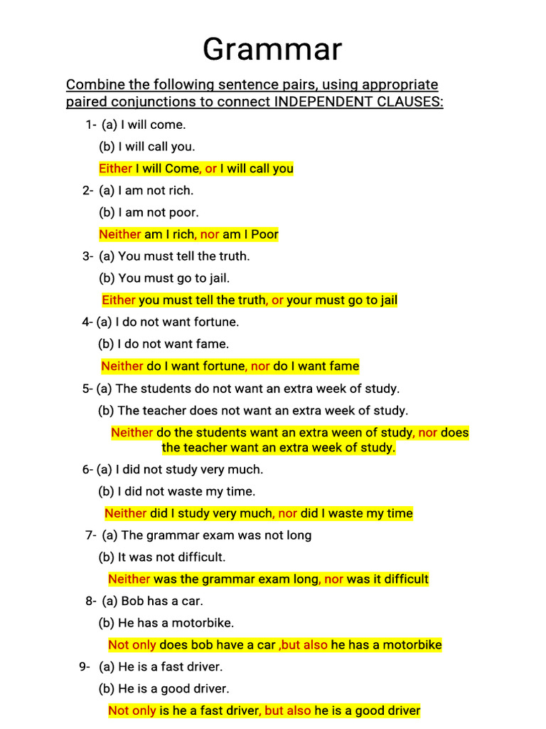 Grammar: Combining Sentences with Conjunctions | PDF