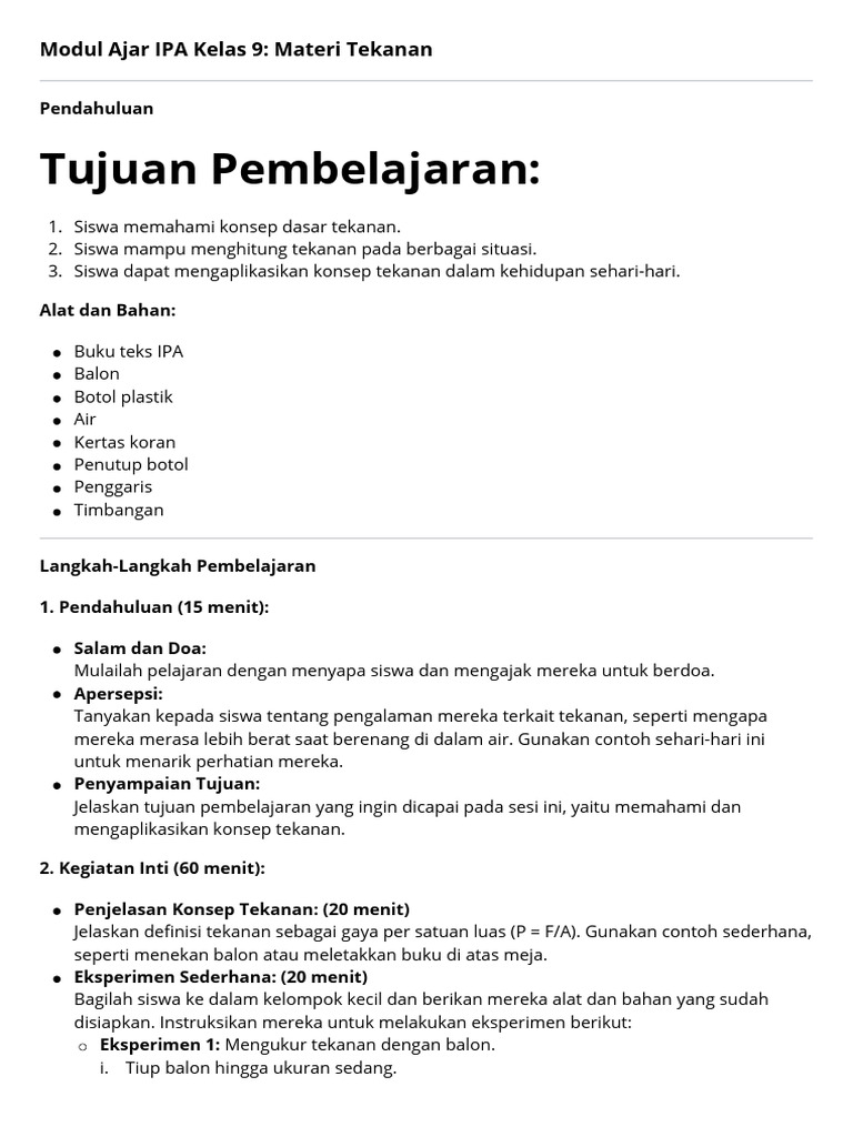 Modul IPA Kelas 9: Konsep Tekanan | PDF
