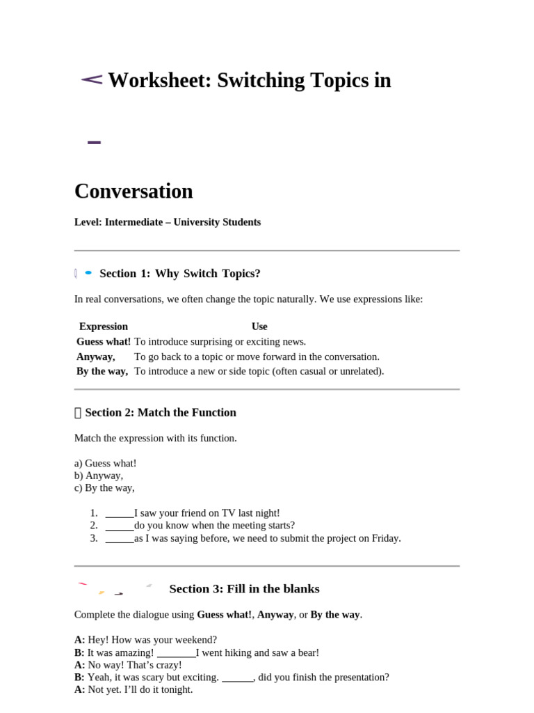 2.3 Switching Topics in Conversation Worksheet | PDF