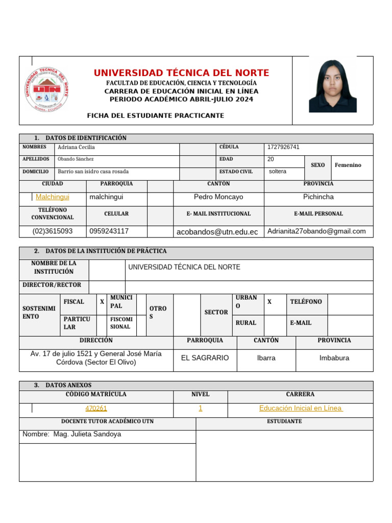 Ficha Estudiante Practicante UTN 2024 | PDF