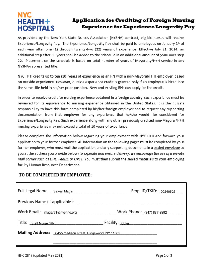 Updated HHC-2847 NYSNA Foreign Experience Application - 05.27.21 | PDF ...