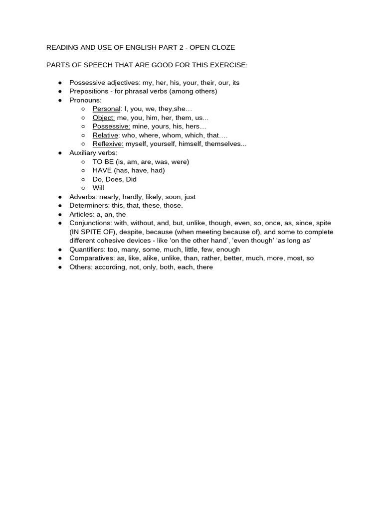 Open Cloze Exercise: Parts of Speech | PDF