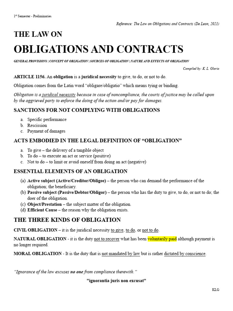 Oblicon Prelim Reviewer | PDF | Negligence | Employment