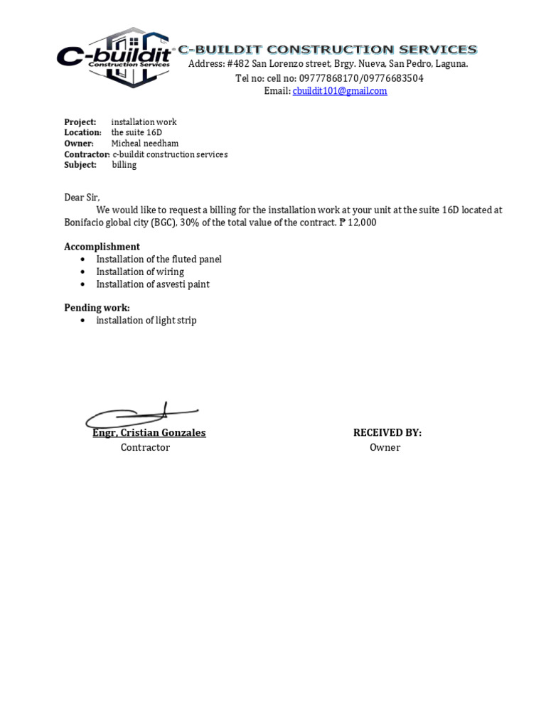 Billing Request for Installation Work | PDF