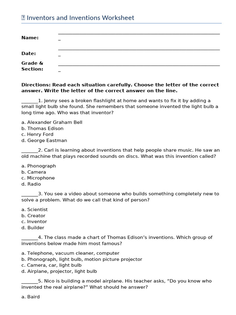 Inventors and Inventions Quiz Worksheet | PDF | Thomas Edison | Phonograph