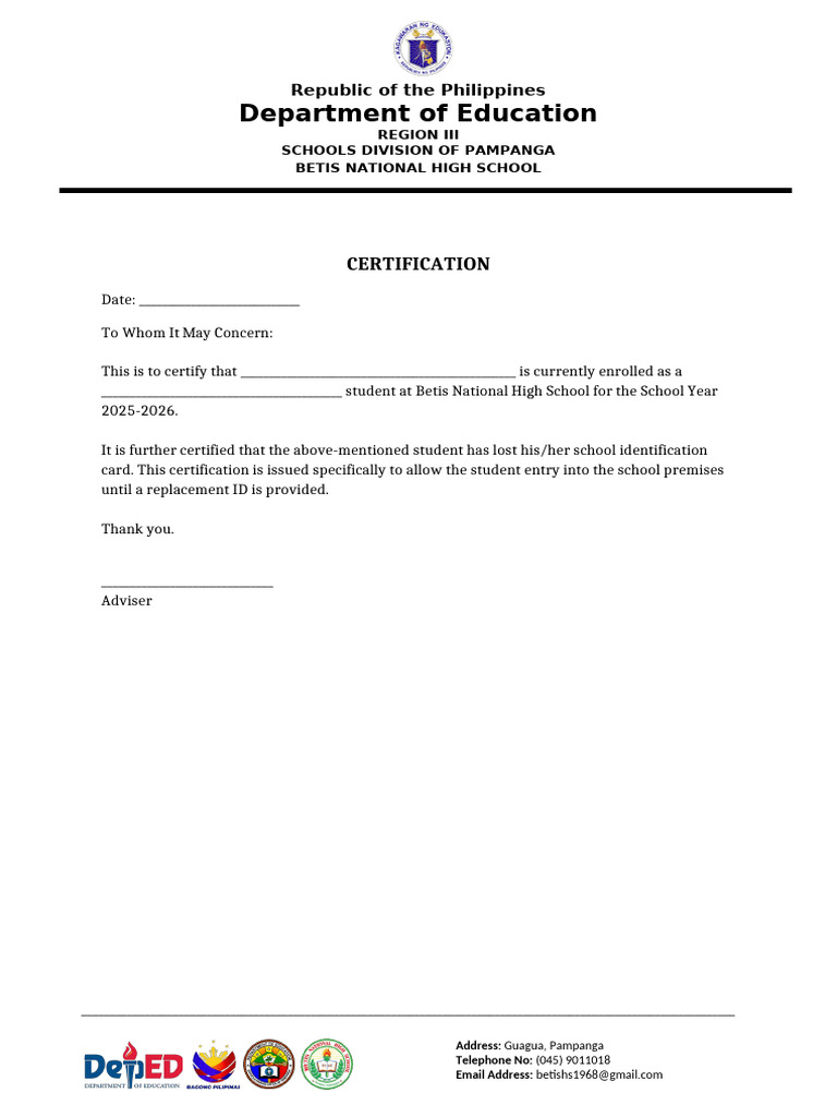 Student Id Loss Certification | PDF