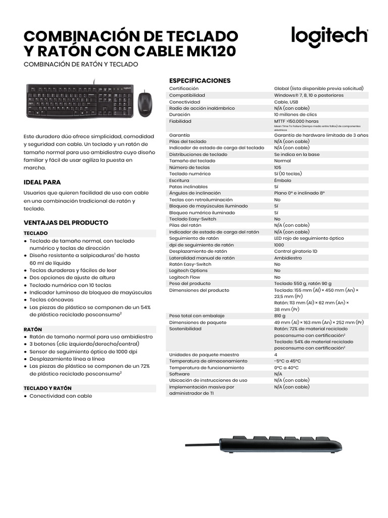 Ficha Tecnica - Teclado Logitech + Mouse Mk120 Usb | PDF | Teclado | De ...
