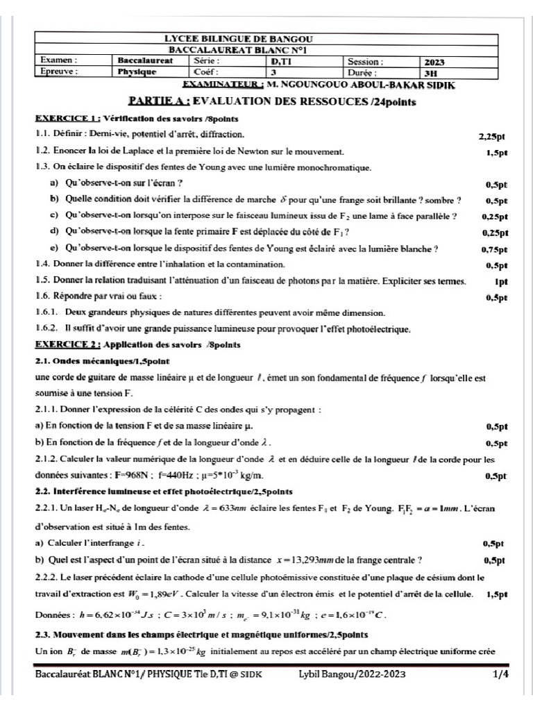 Examen Blanc N1 Lycée Bilingue de Bangou | PDF
