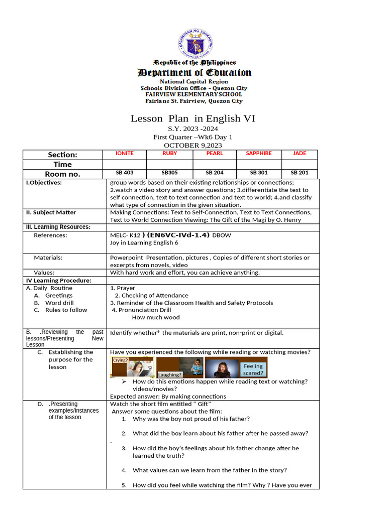 English VI Lesson Plan: Making Connections | PDF | Reading ...