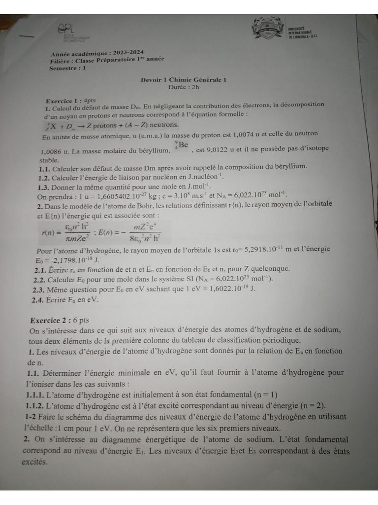Devoir Chimie 1 | PDF