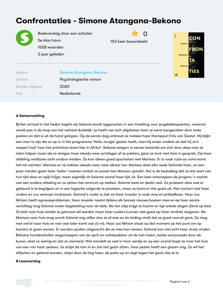 Boekverslag Nederlands Confrontaties Door Simone Atangana Bekono 149705 ...