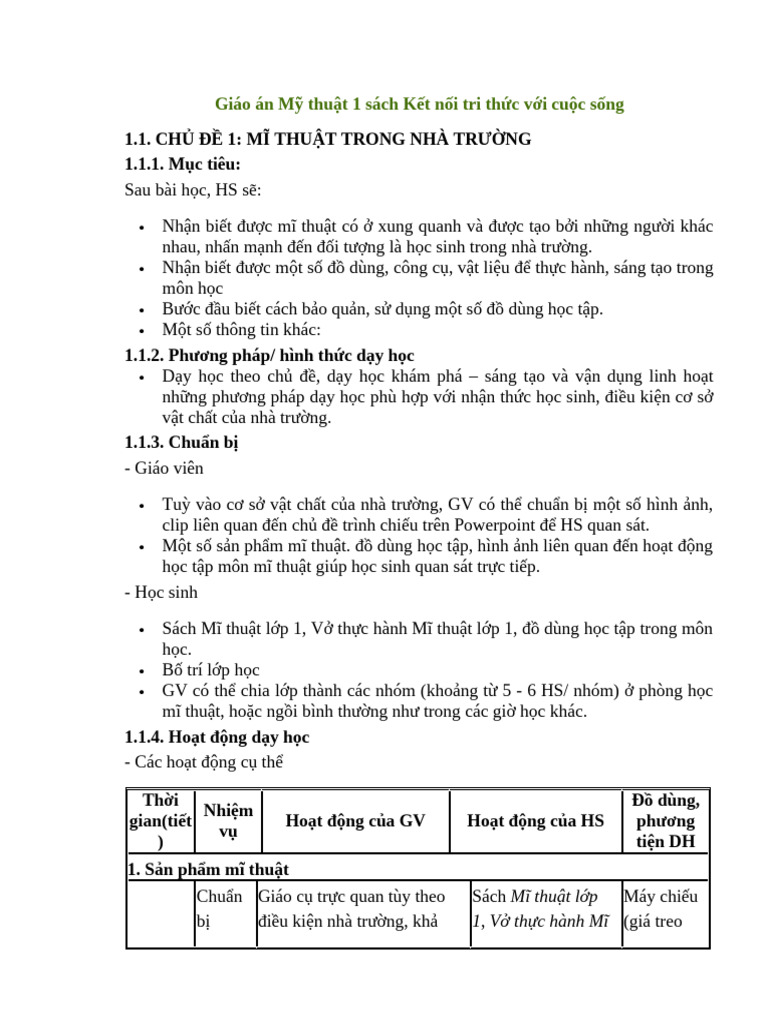 Giáo Án Mỹ Thuật 1 Sách Kết Nối Tri Thức Với Cuộc Sống | PDF