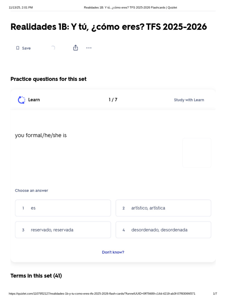 Realidades 1B_ Y Tú, ¿Cómo Eres_ TFS 2025-2026 Flashcards _ Quizlet | PDF