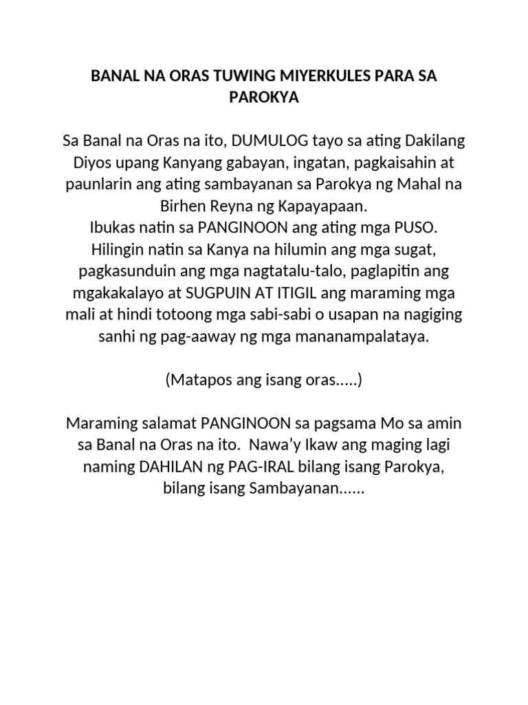 Banal Na Oras Tuwing Miyerkules Para Sa Parokya | PDF