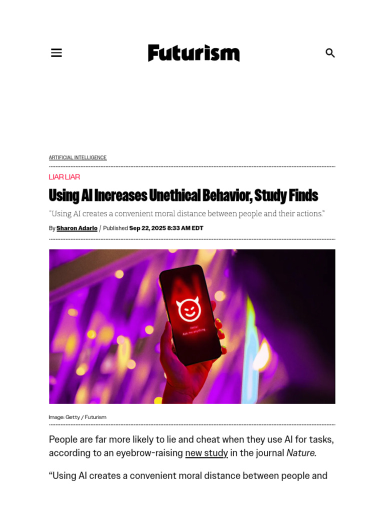Using AI Increases Unethical Behavior, Study Finds | PDF | Artificial ...
