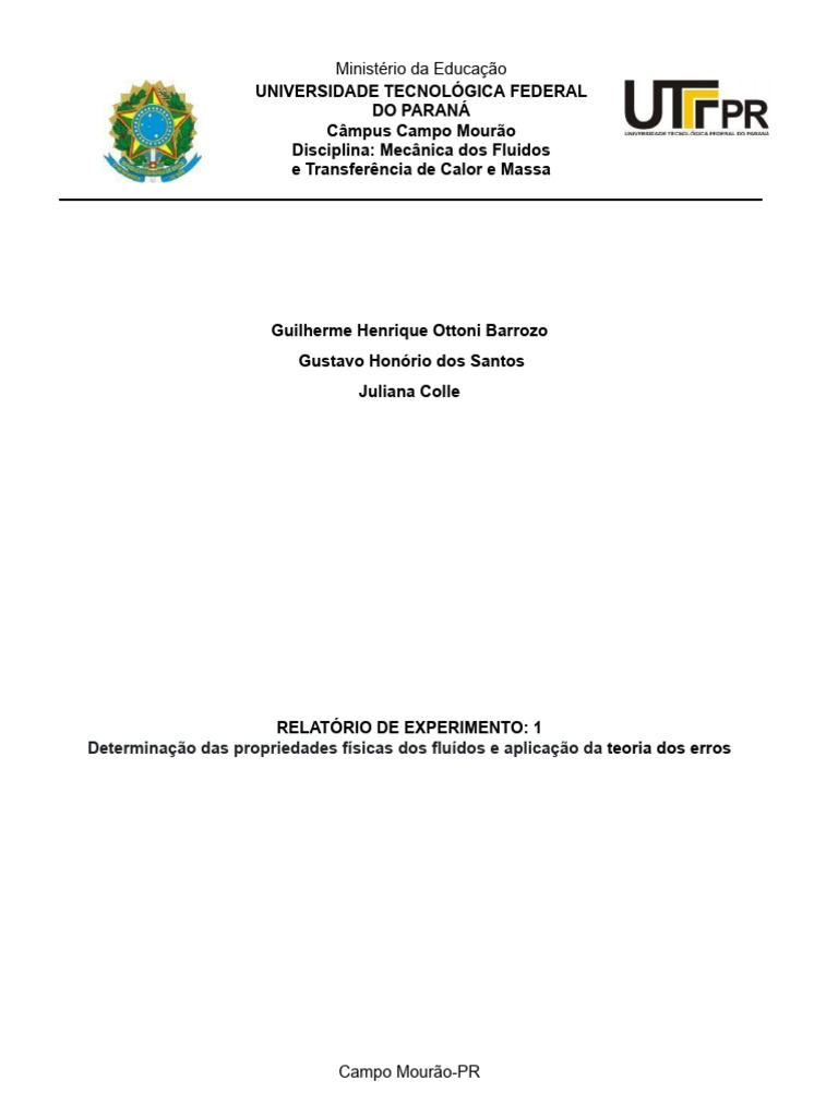 Relatório 1 Mec. dos fluidos.docx joiademais | PDF | Densidade | Massa
