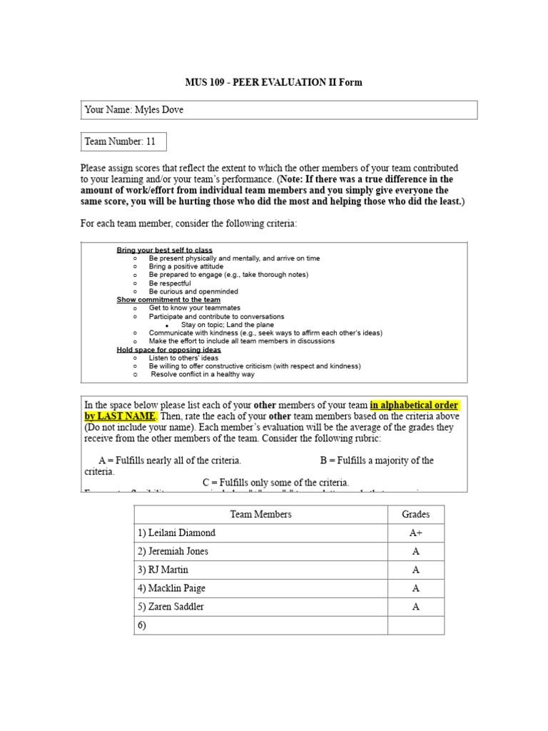 Peer Evaluation II Form 2025 - Myles Dove | PDF | Learning | Psychological Concepts