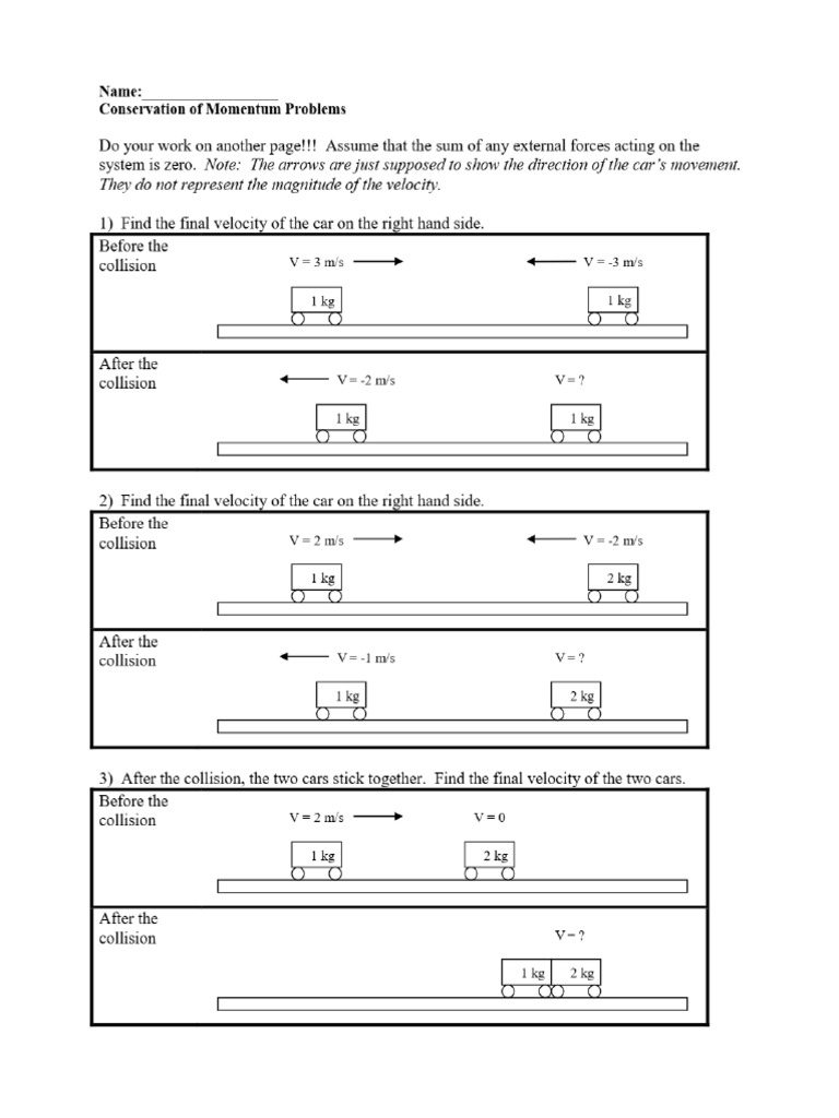 Conservation of Momentum Problems Worksheet | PDF