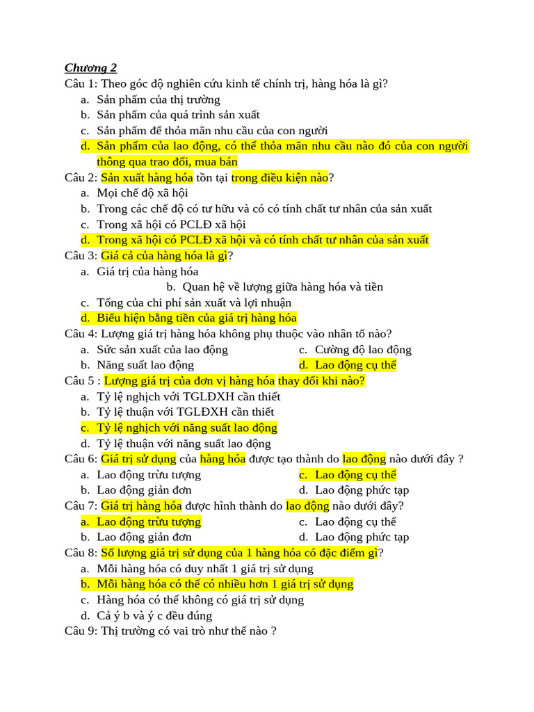 CÂU HỎI TN KTCT CHƯƠNG 2 | PDF