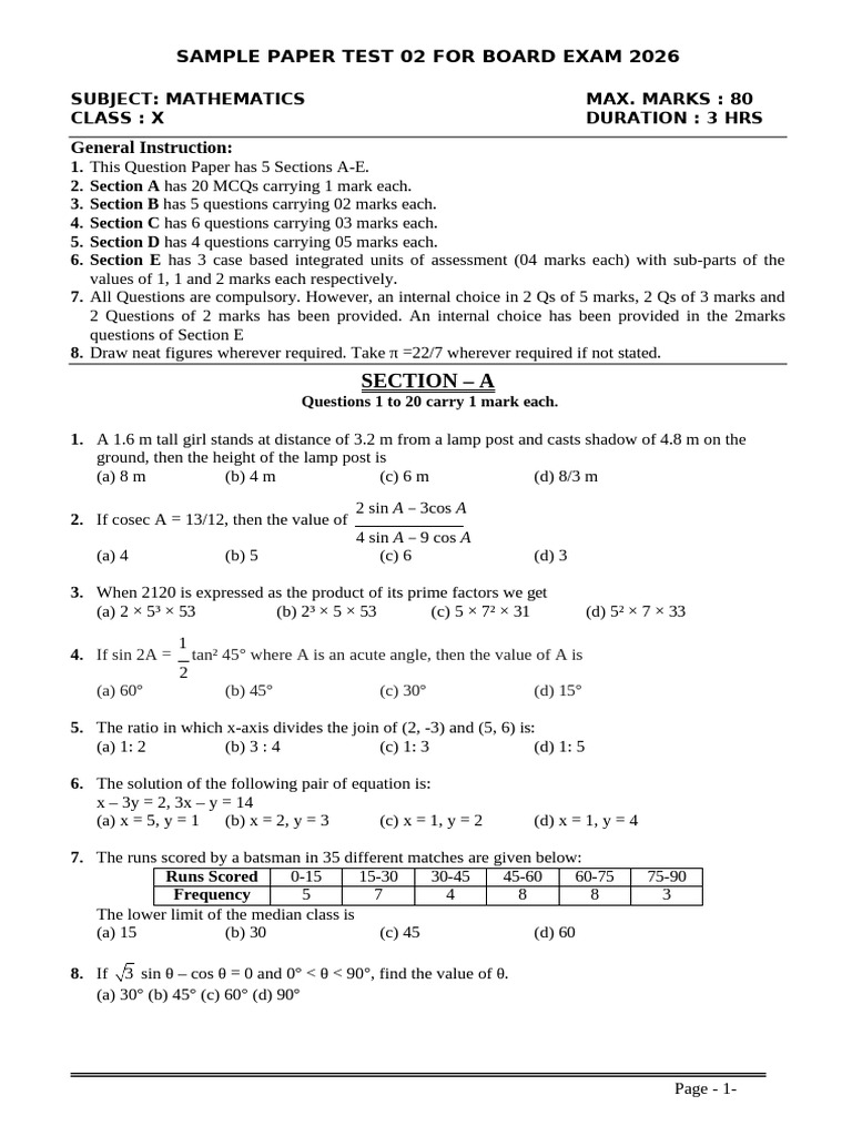 Mathematics Sample Paper for Class X 2026 | PDF | Circle | Area