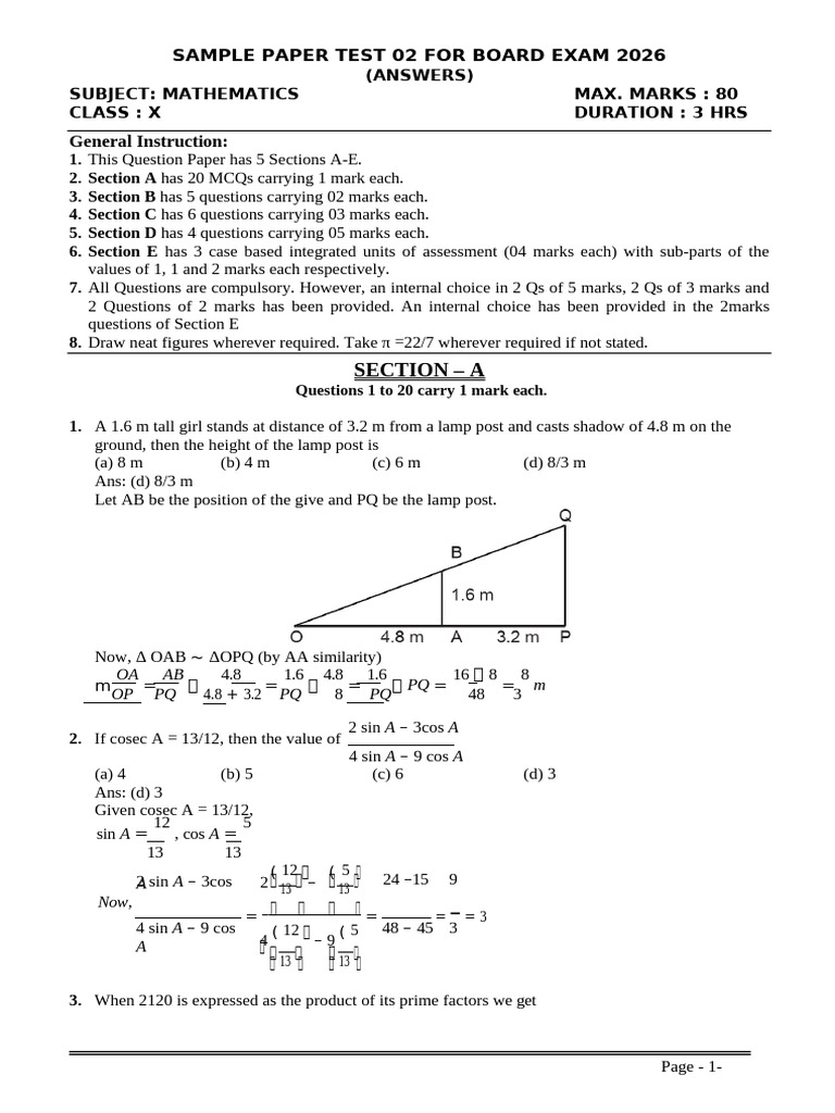 Mathematics Sample Paper 2026 with Answers | PDF | Circle | Area