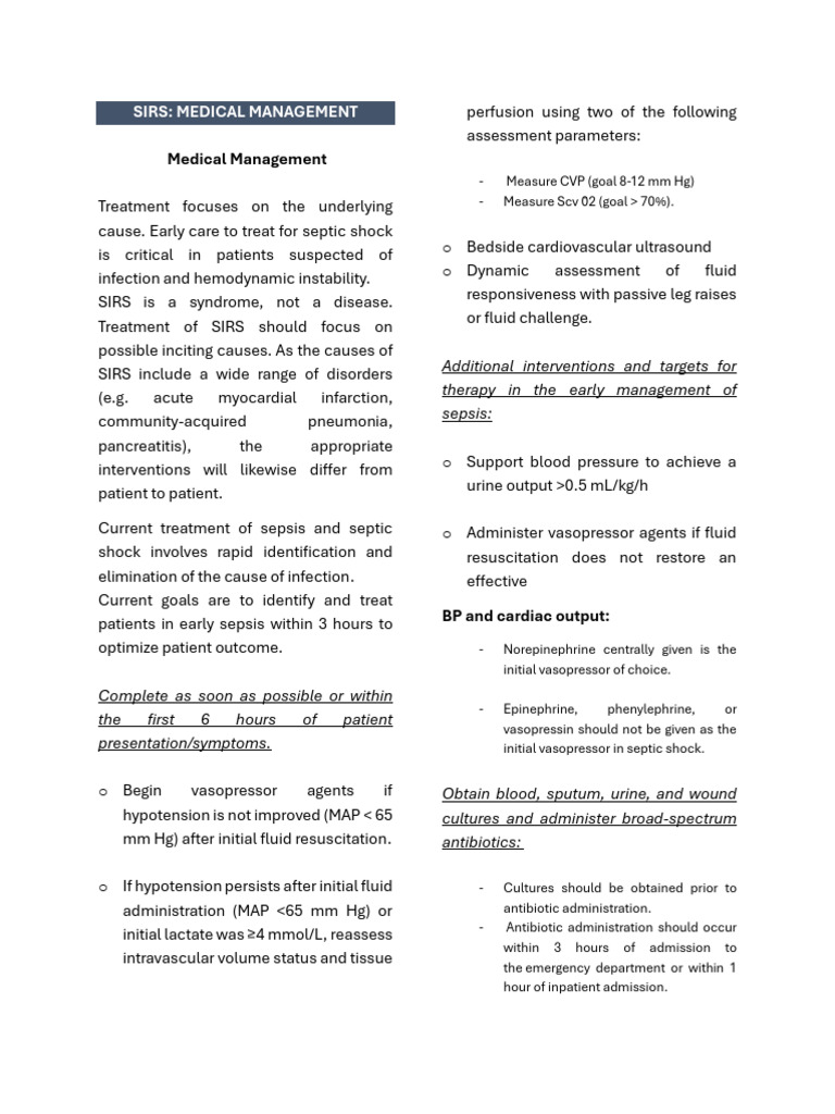 Sirs Medical and Nursing Management | PDF | Sepsis | Shock (Circulatory)
