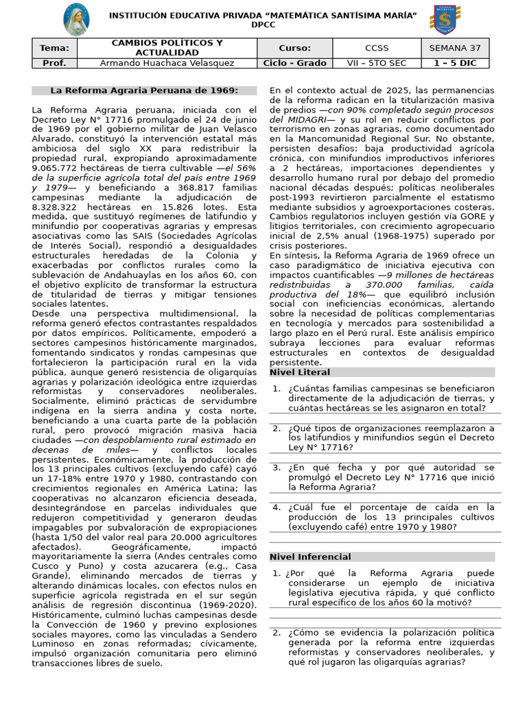 Semana 37 5to Ccss | PDF | Reforma agraria | Inclusión (Educación)