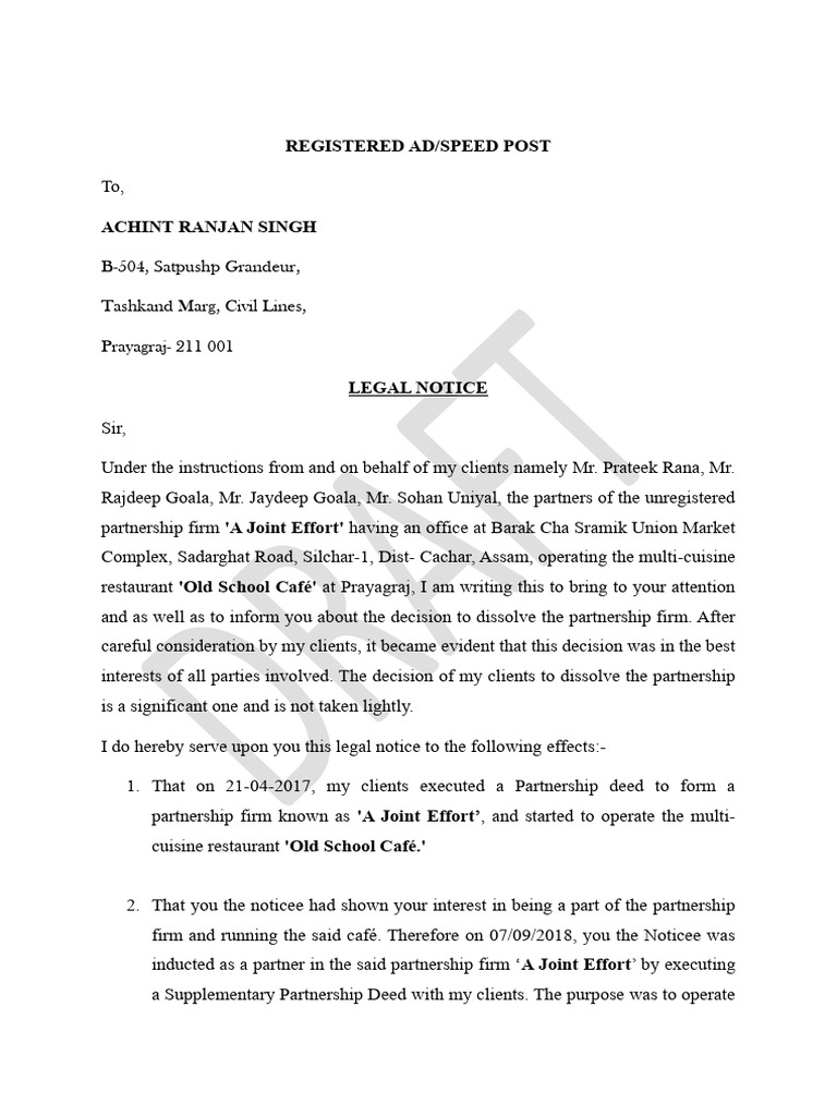 Legal Notice For Dissolution | PDF | Partnership | Complaint
