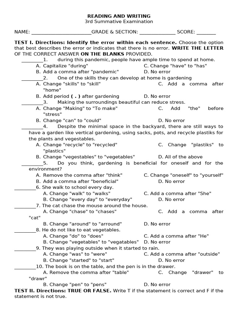 3rd Summative Exam: Reading & Writing | PDF | Comma | Paragraph