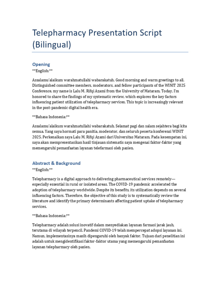 Telepharmacy Bilingual Script Detailed | PDF | Health Care | Health ...