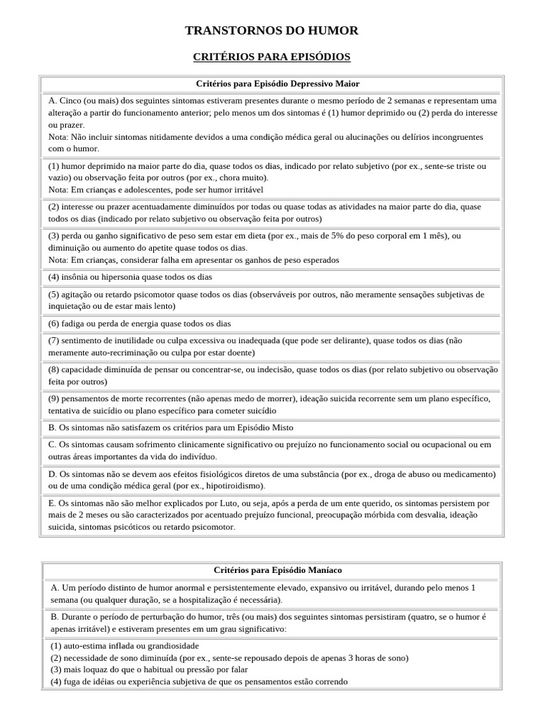 Critérios Diagn Transt Humor | PDF | Depressão | Mania