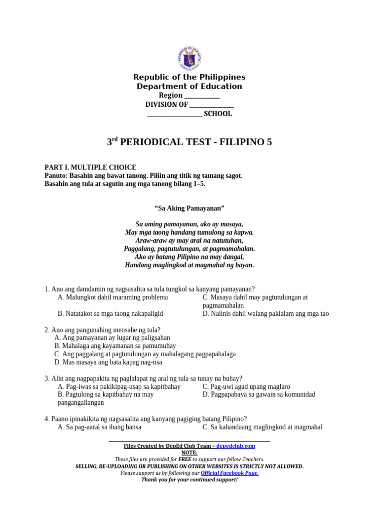 DTC - PT - Q3 FILIPINO 5 MATATAG With TOS KEY | PDF