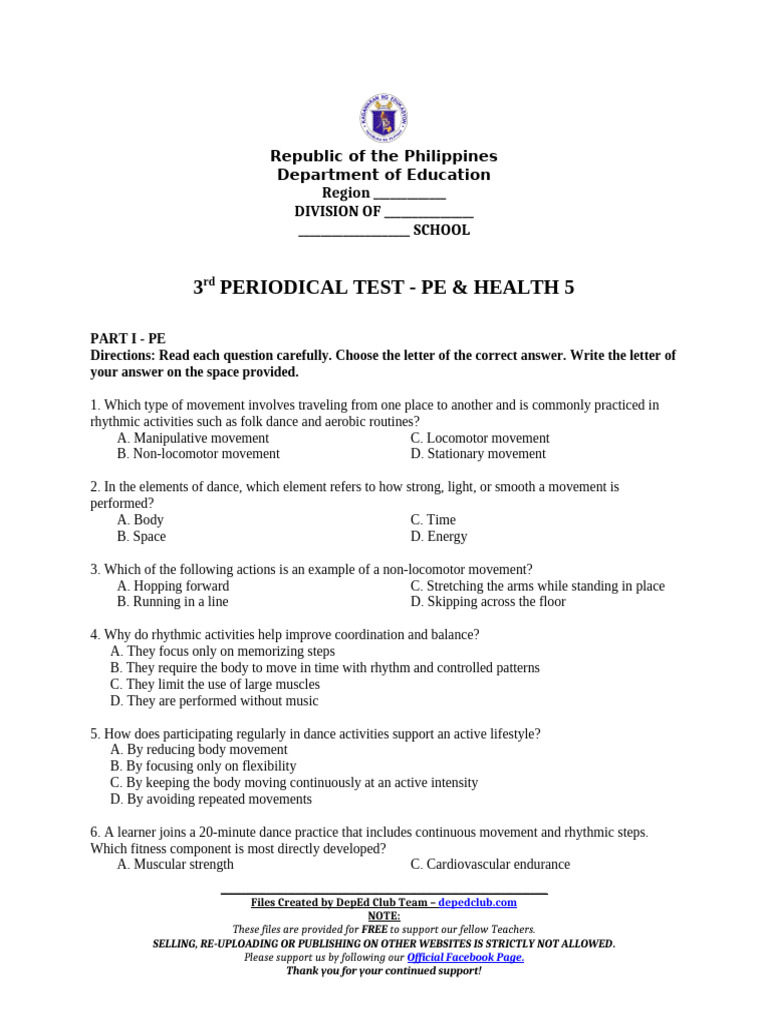 PE & Health 5 Periodical Test Guide | PDF | Dances | Physical Fitness