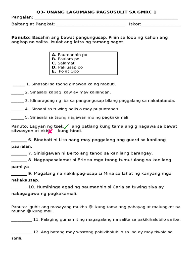 q3 1st Summative Test in GMRC 1 | PDF