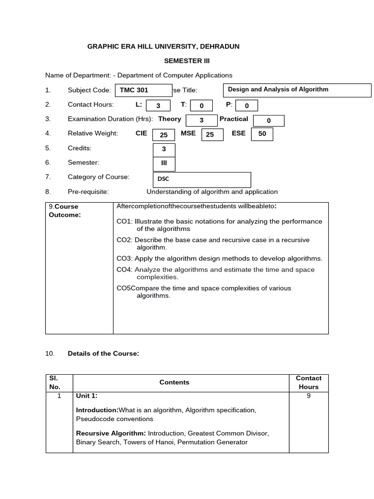 TMC 301 DAA Syllabus | PDF | Algorithms | Discrete Mathematics