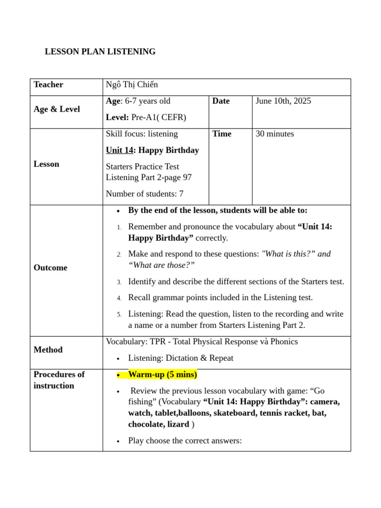 Listening Lesson Plan: Happy Birthday | PDF | Giraffe | Applied Linguistics