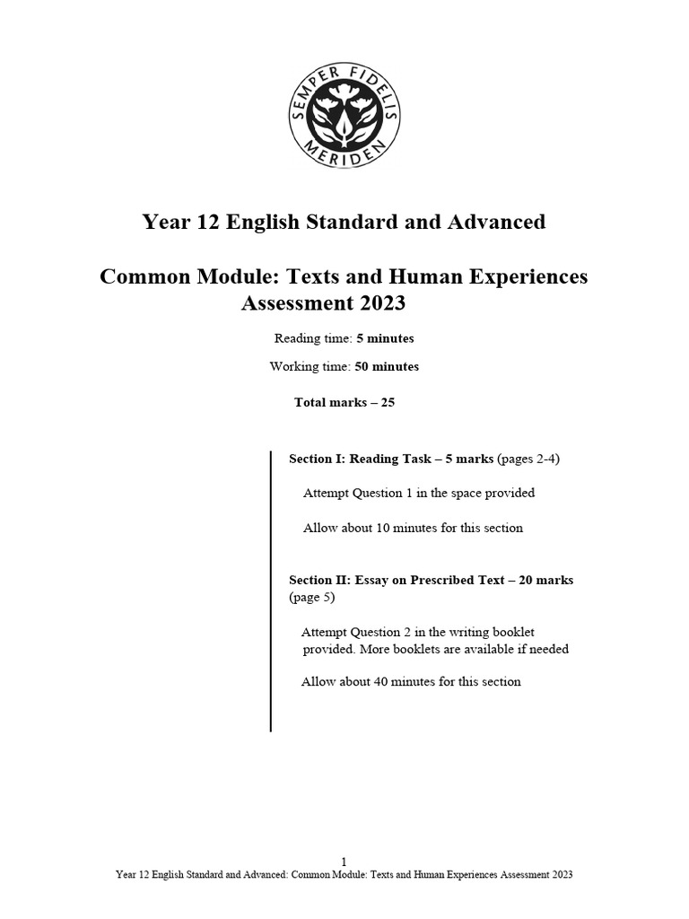 Year 12 English Assessment: Texts & Experiences | PDF