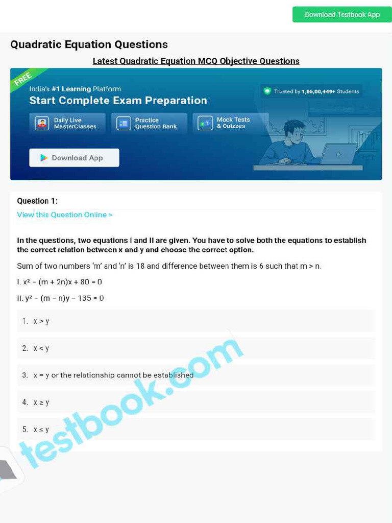 Mcq on Quadratic Equation 5eea6a1039140f30f369e818 | PDF
