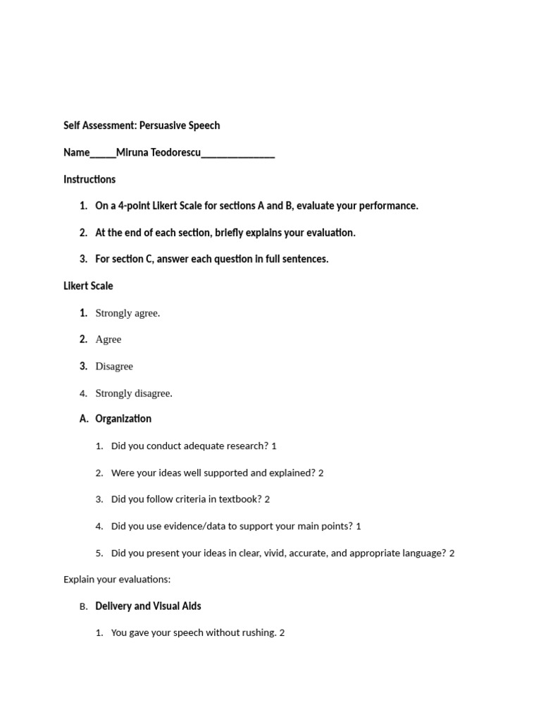 Self Assessment of Persuasive Speech | PDF
